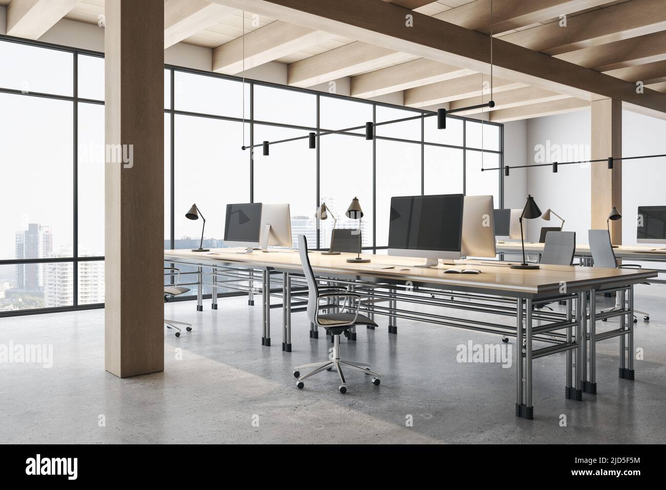 Side view on stylish eco interior design work places in open space ...