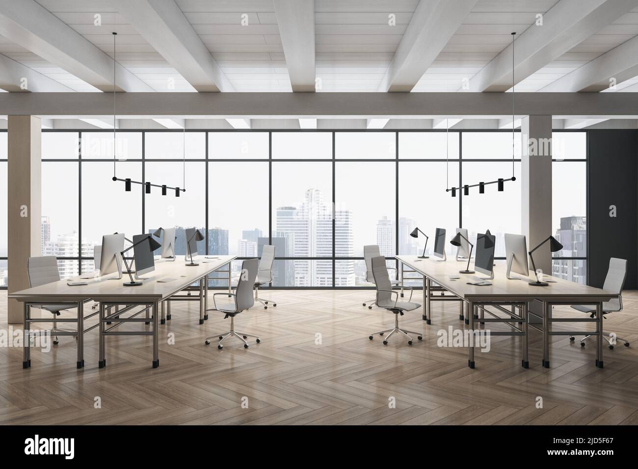 Front view on stylish workspace rows with modern computers on wooden ...