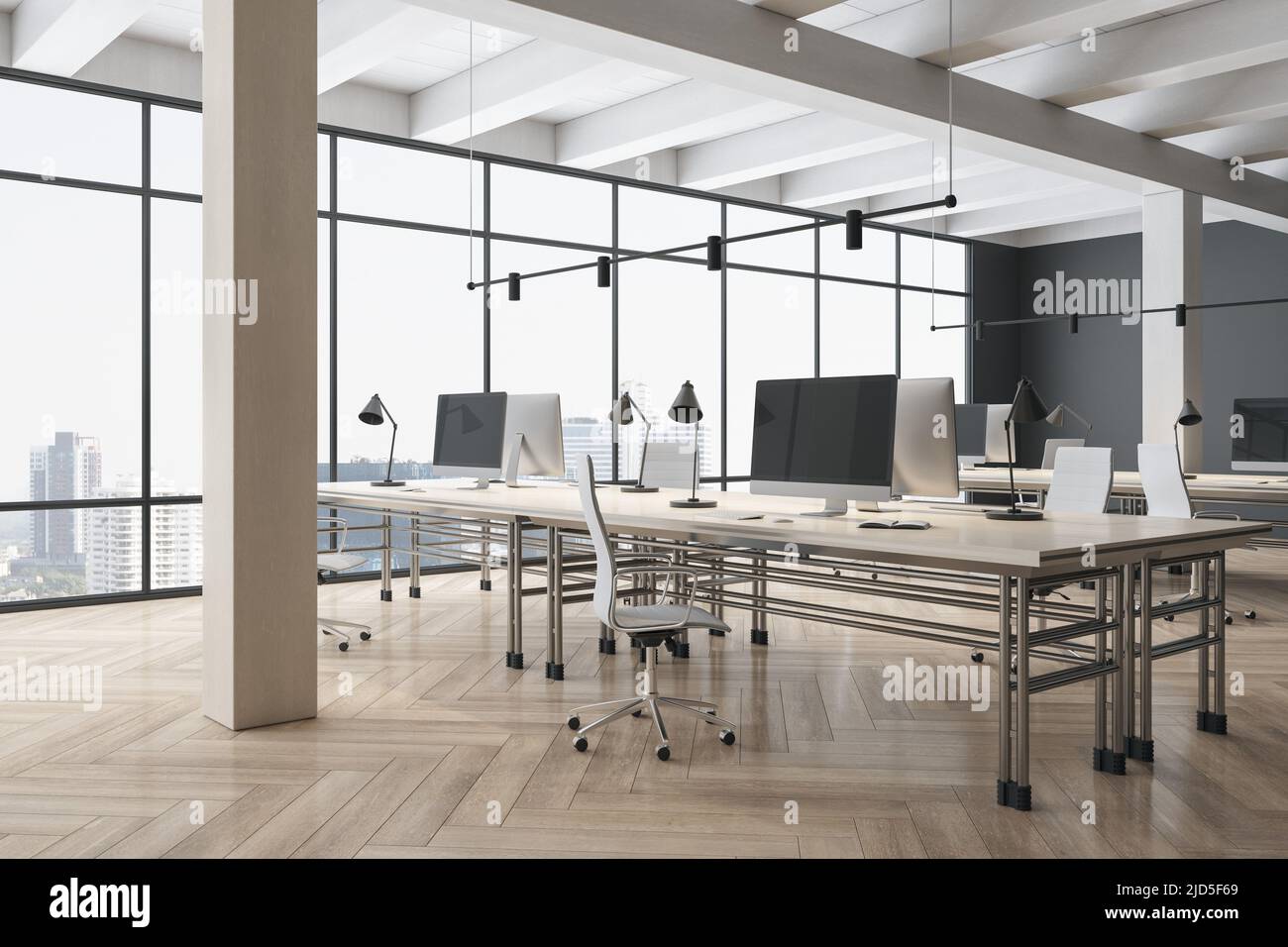 Side view on stylish eco interior design work places in open space ...