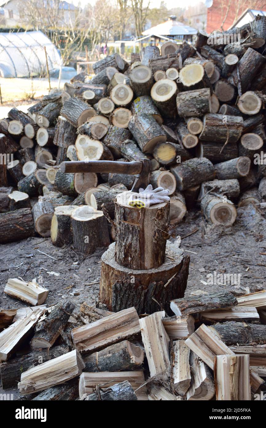 Stacked firewood, prepared for home heating, winter preparation ...