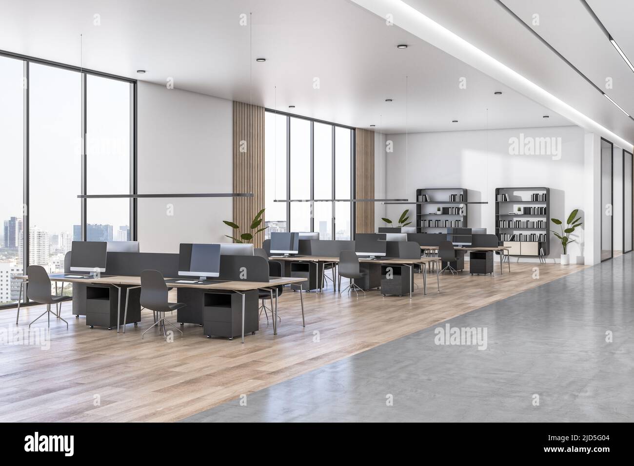 Side view on modern interior design coworking office with comfortable ...