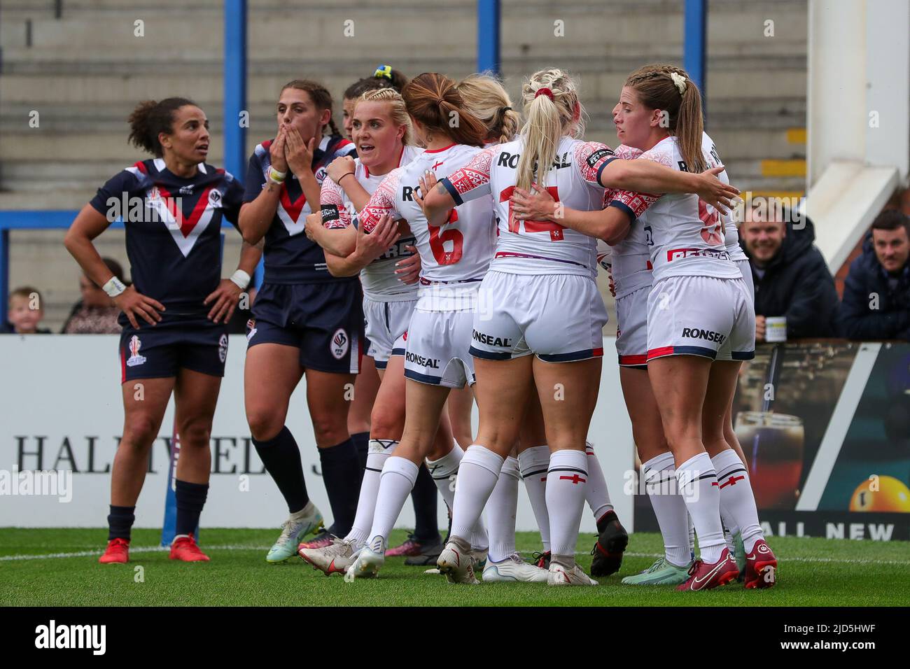 The England women national rugby league team celebrate Caroline Collie ...
