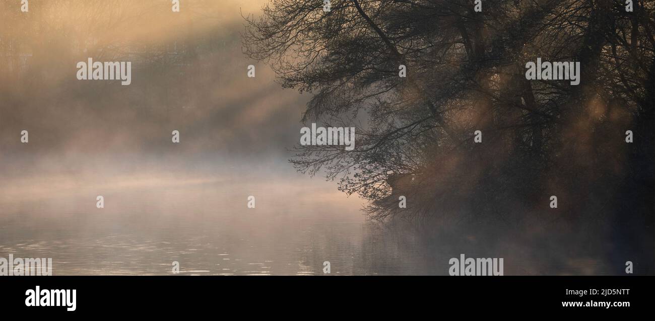 Stunning landscape image of sunrise mist on urban lake with sun beams ...