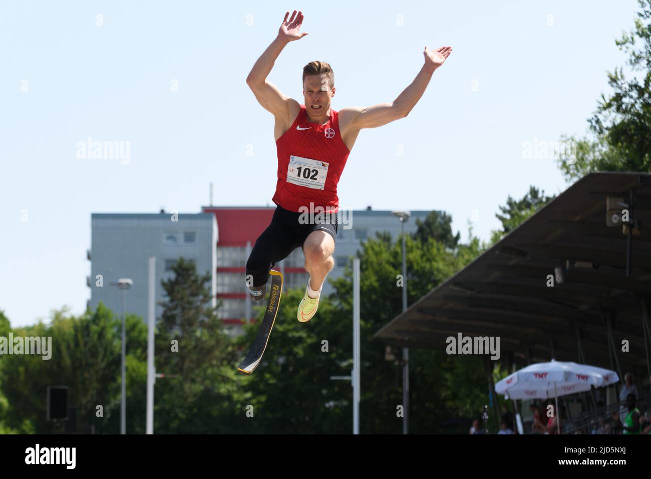 Markus Rehm (102 TSV Bayer 04 Leverkusen) during the long jump during ...
