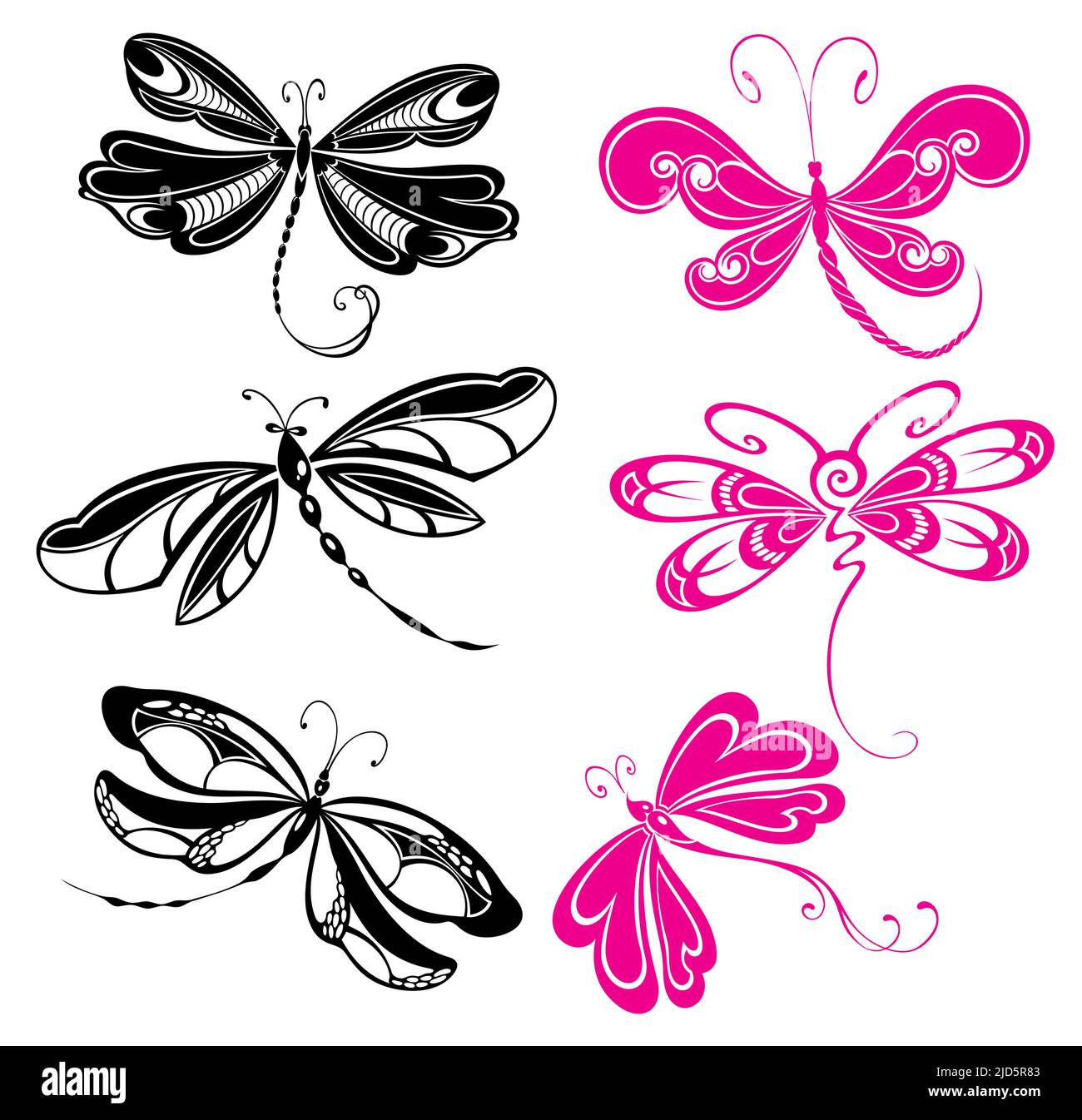 Set of stylized dragonflies. Collection of linear flying dragonflies ...