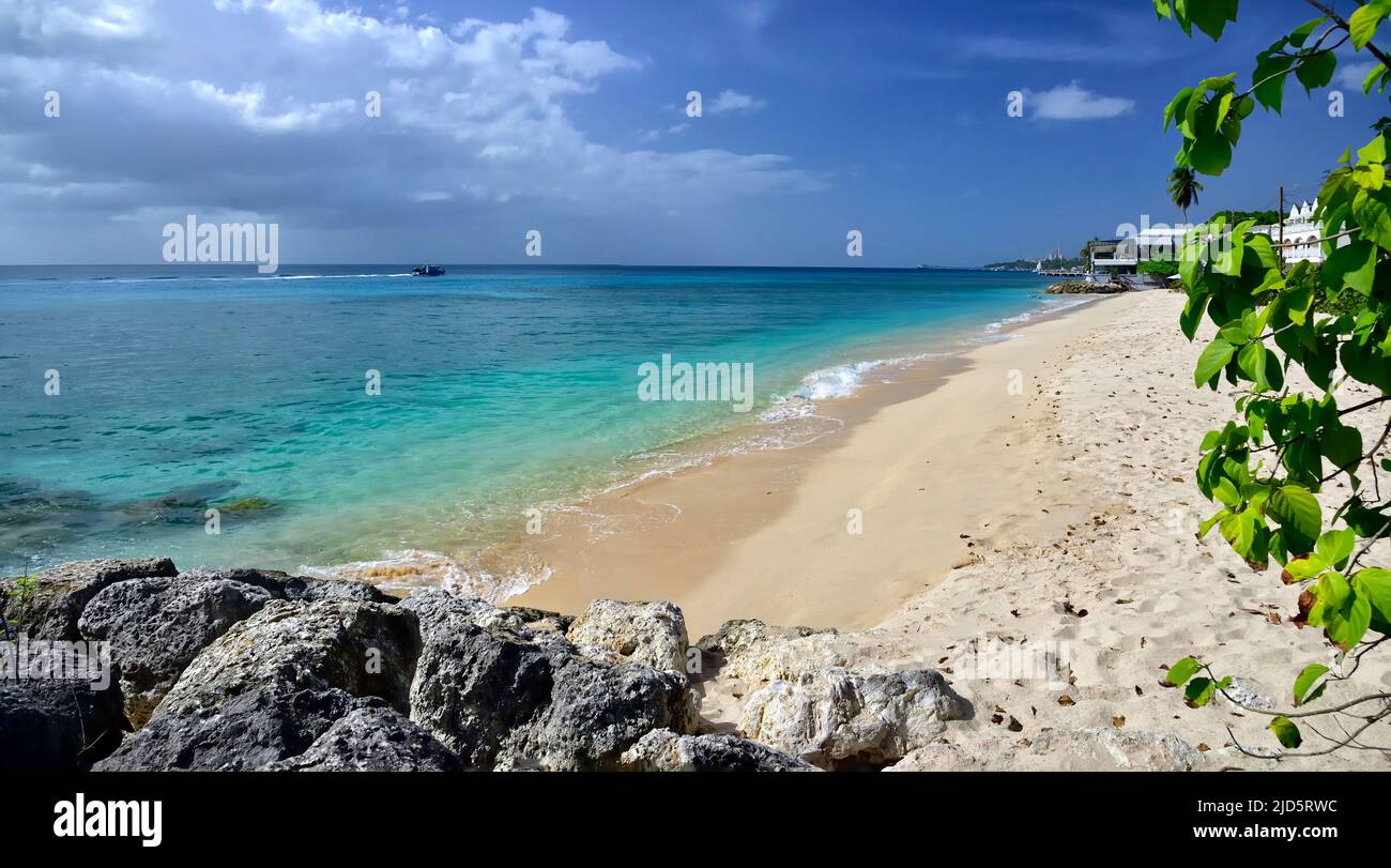 One of many white sand beaches with lazur ocean in the Speightstown ...