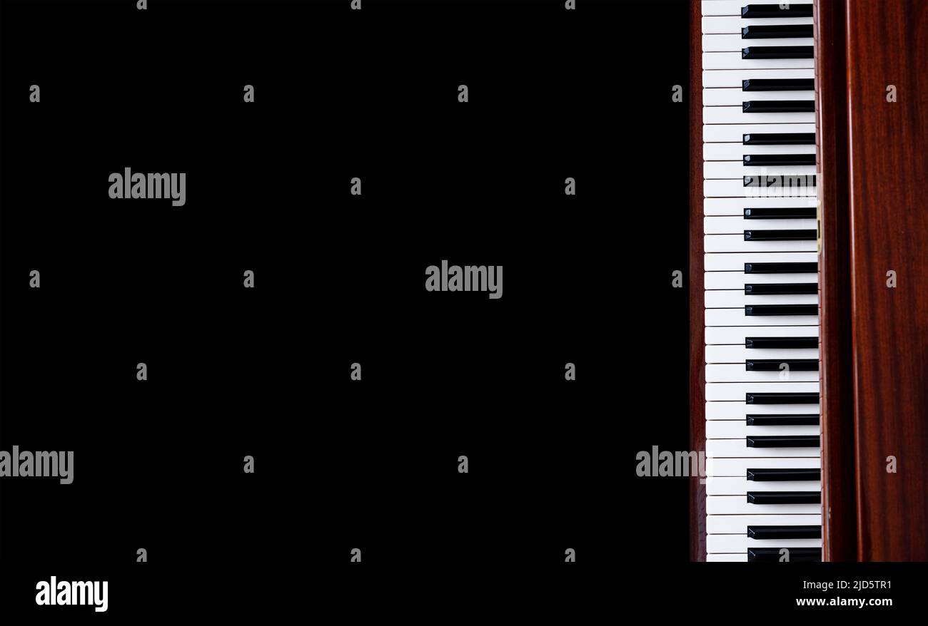 The music banner is long. Piano keys on a black background, top view ...