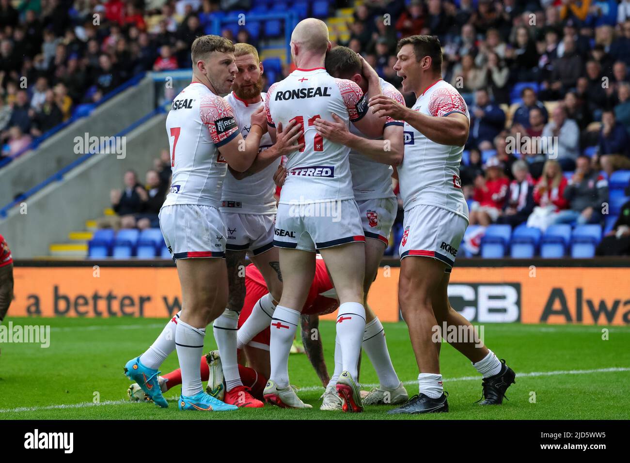 Jake Wardle #4 of the England national rugby league team celebrates his ...