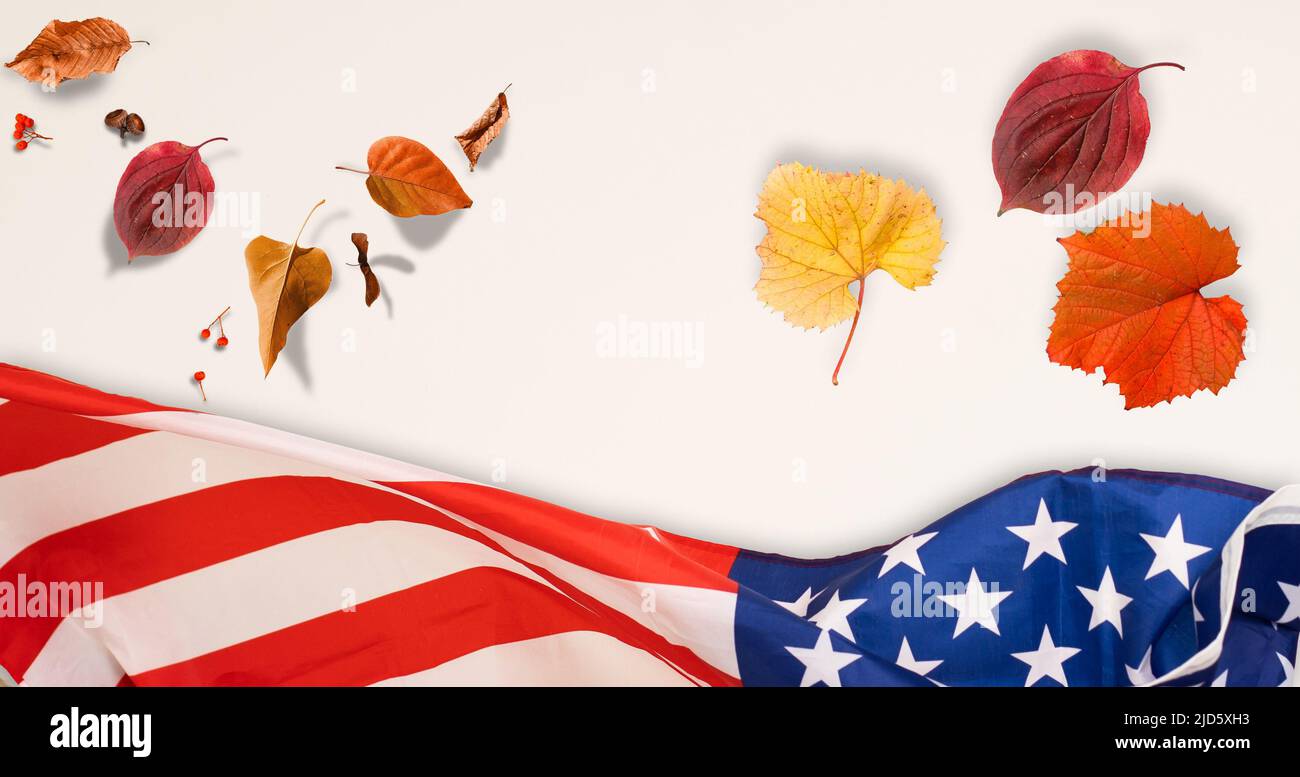 fall leaves sit on on American flag Stock Photo - Alamy