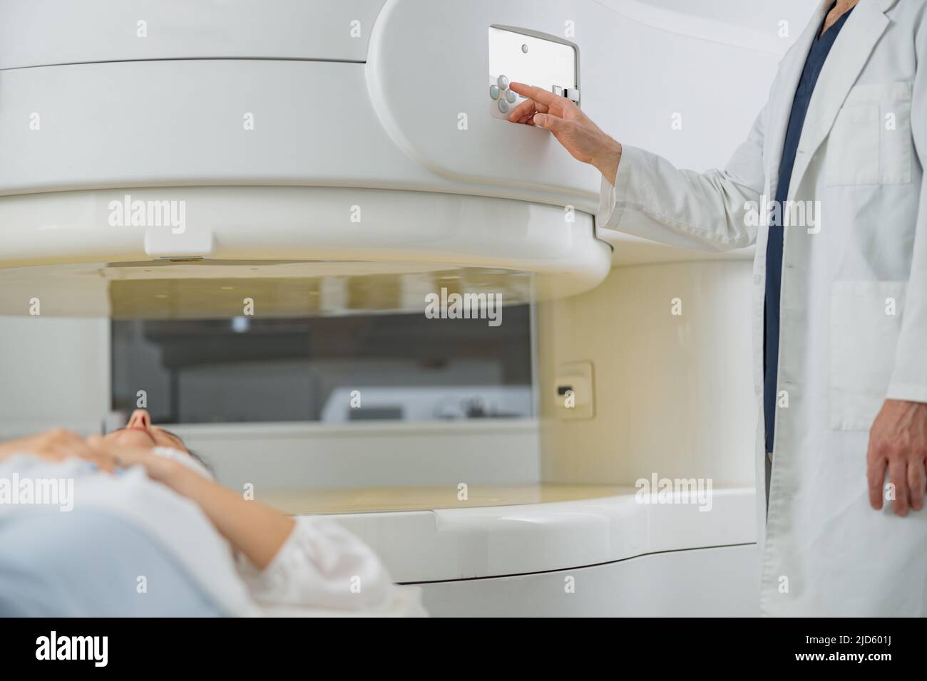 Close up of patient is ready to do magnetic resonance imaging MRI or CT ...