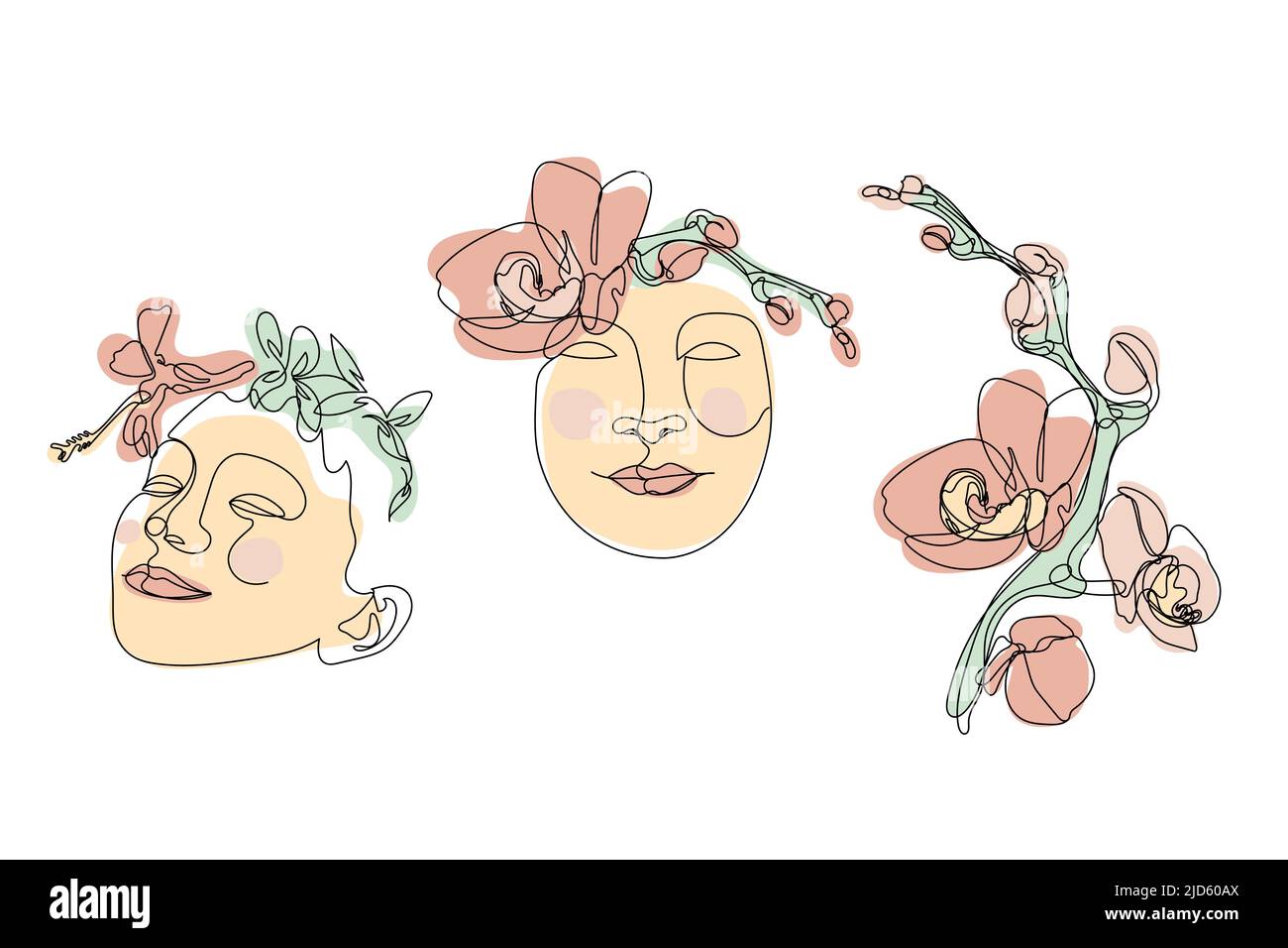 Set of one single line drawings of girl faces with flowers and pastel ...