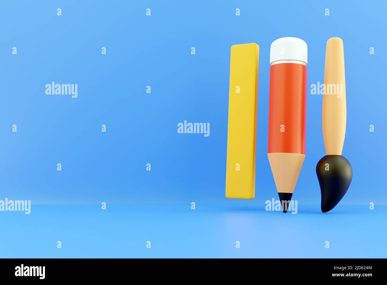 3d render pencil ruler and brush. 3d rendering ruler brush and pencil ...