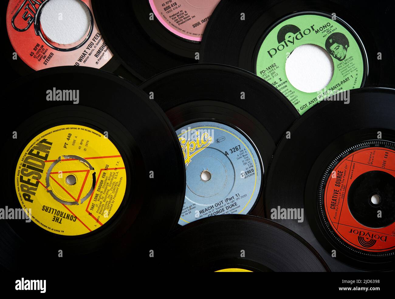 A collection of funk and soul music vinyl records (singles) from the ...