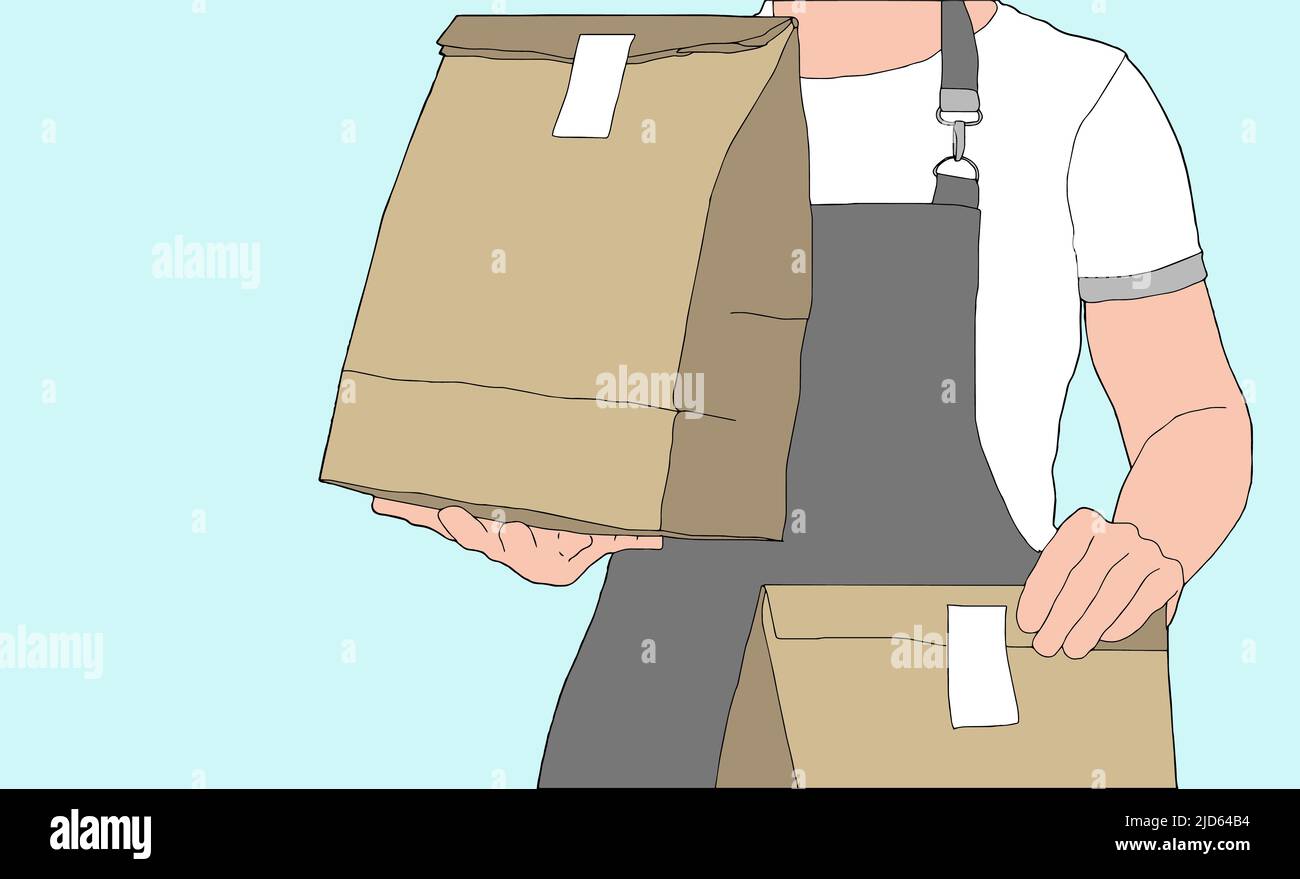 Grocery express delivery boy holding paper package with vegetables ...