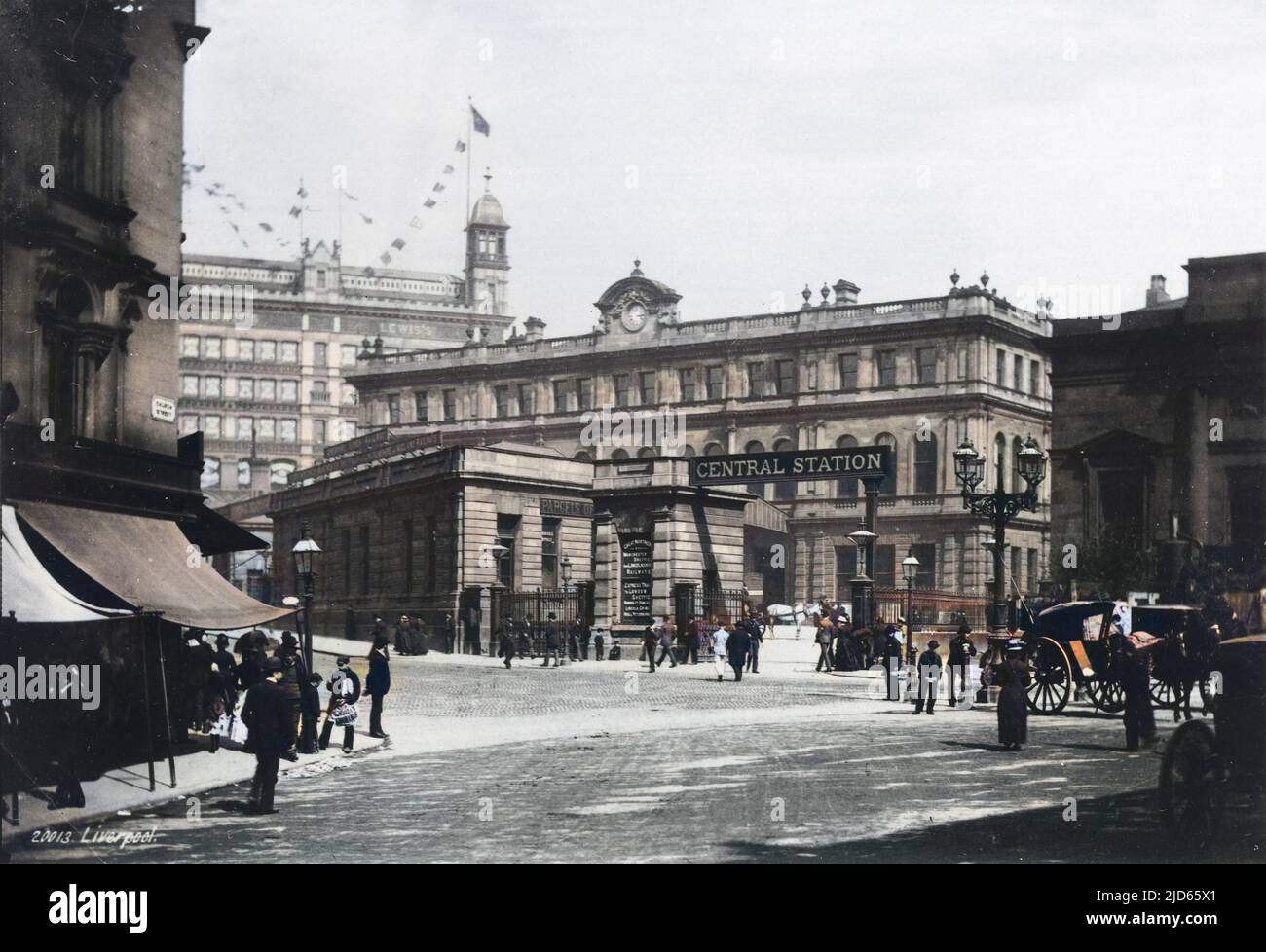 A street scene in Liverpool, including Central Station. Colourised ...