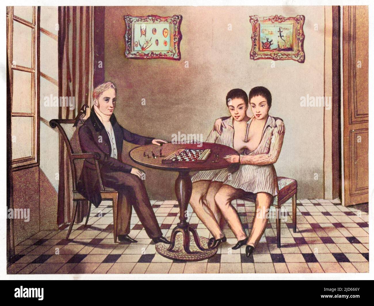 Eng and Chang (circa 1814-1874), Siamese twins, aged about 12, sitting ...