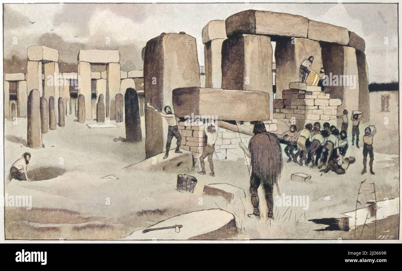 Construction of a prehistoric stone circle. Colourised version of ...