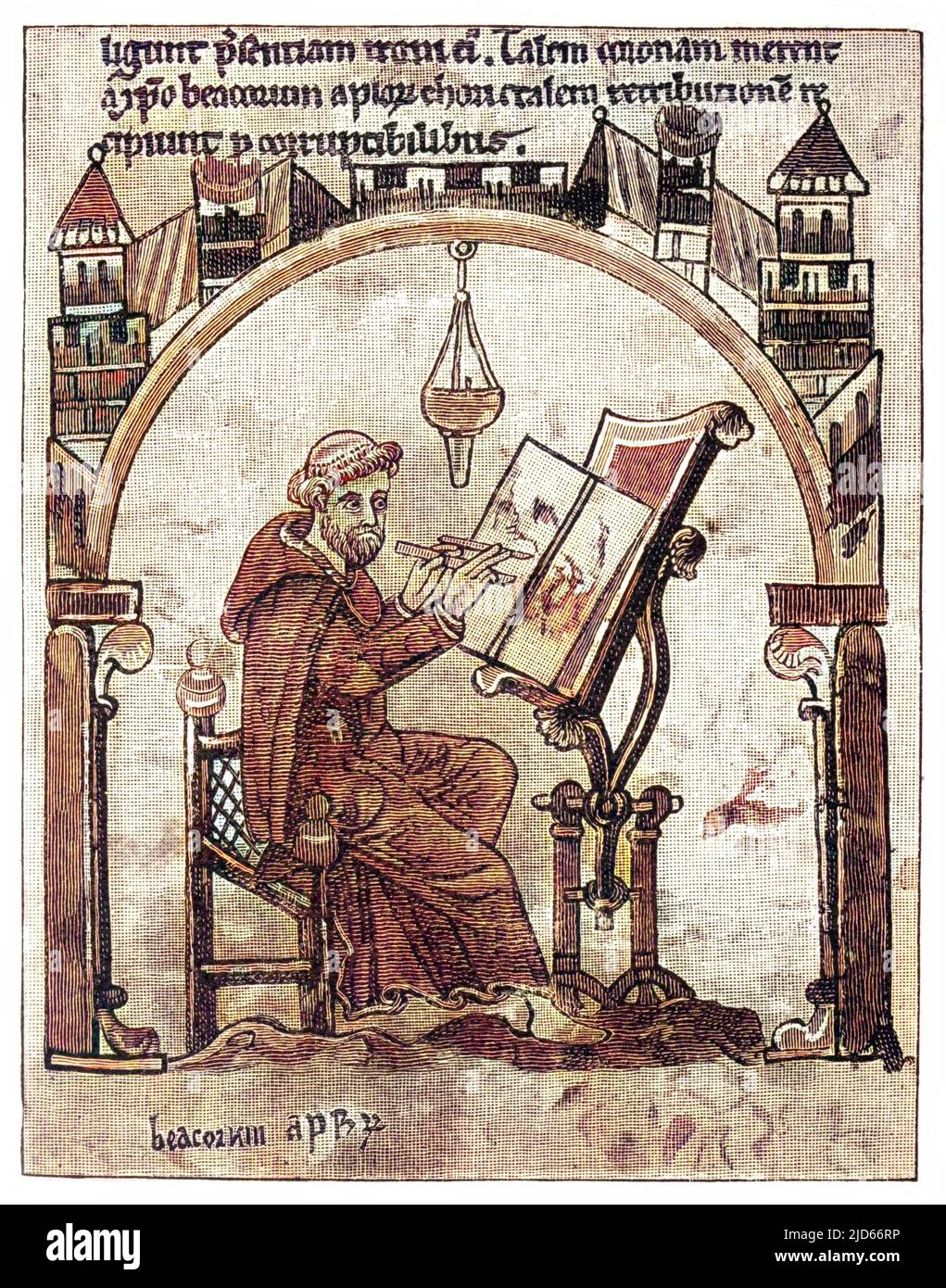 A monk copyist at work. Colourised version of : 10010619 Date: medieval ...
