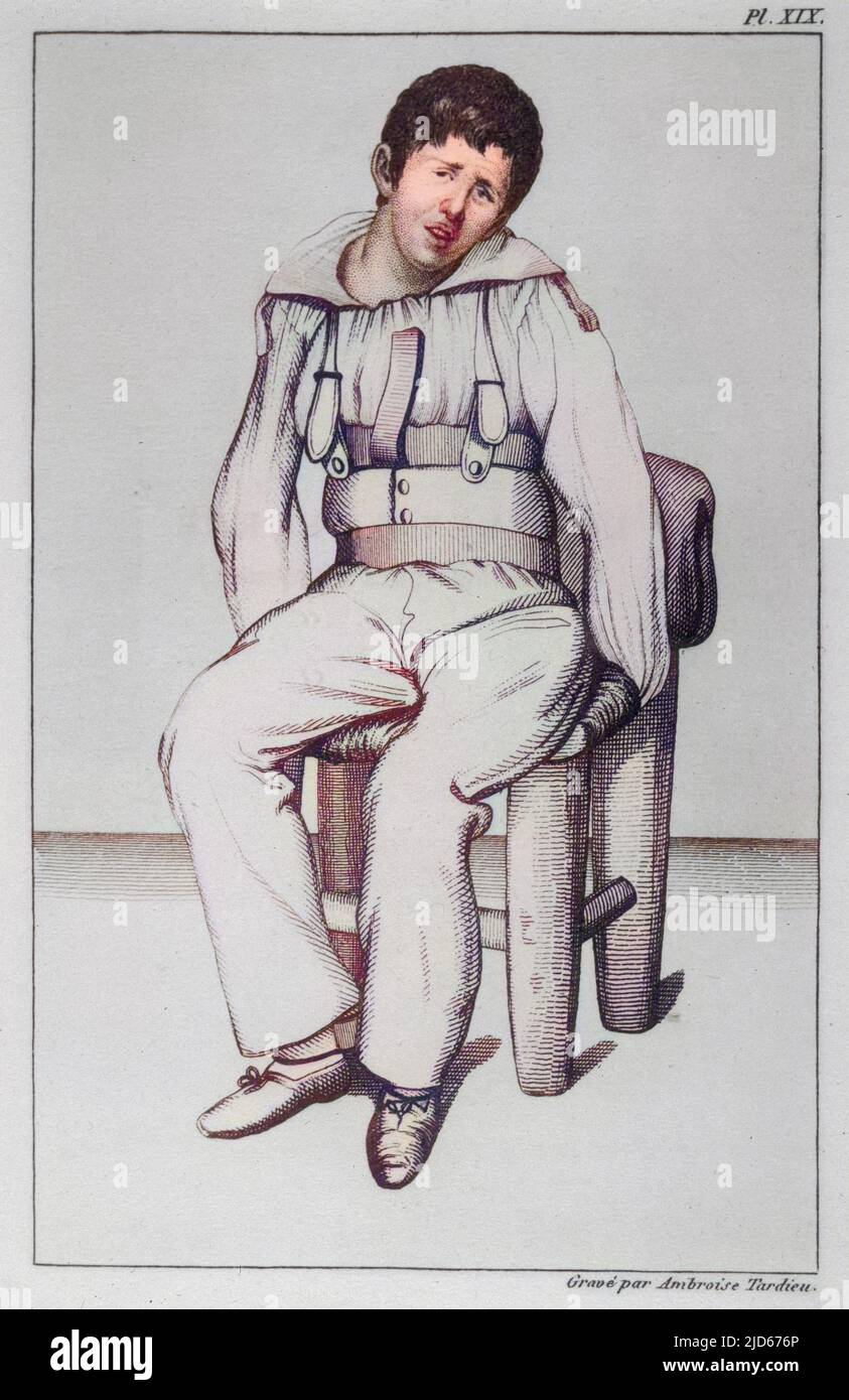 A patient at Charenton in a strait-jacket, seated. Colourised version ...
