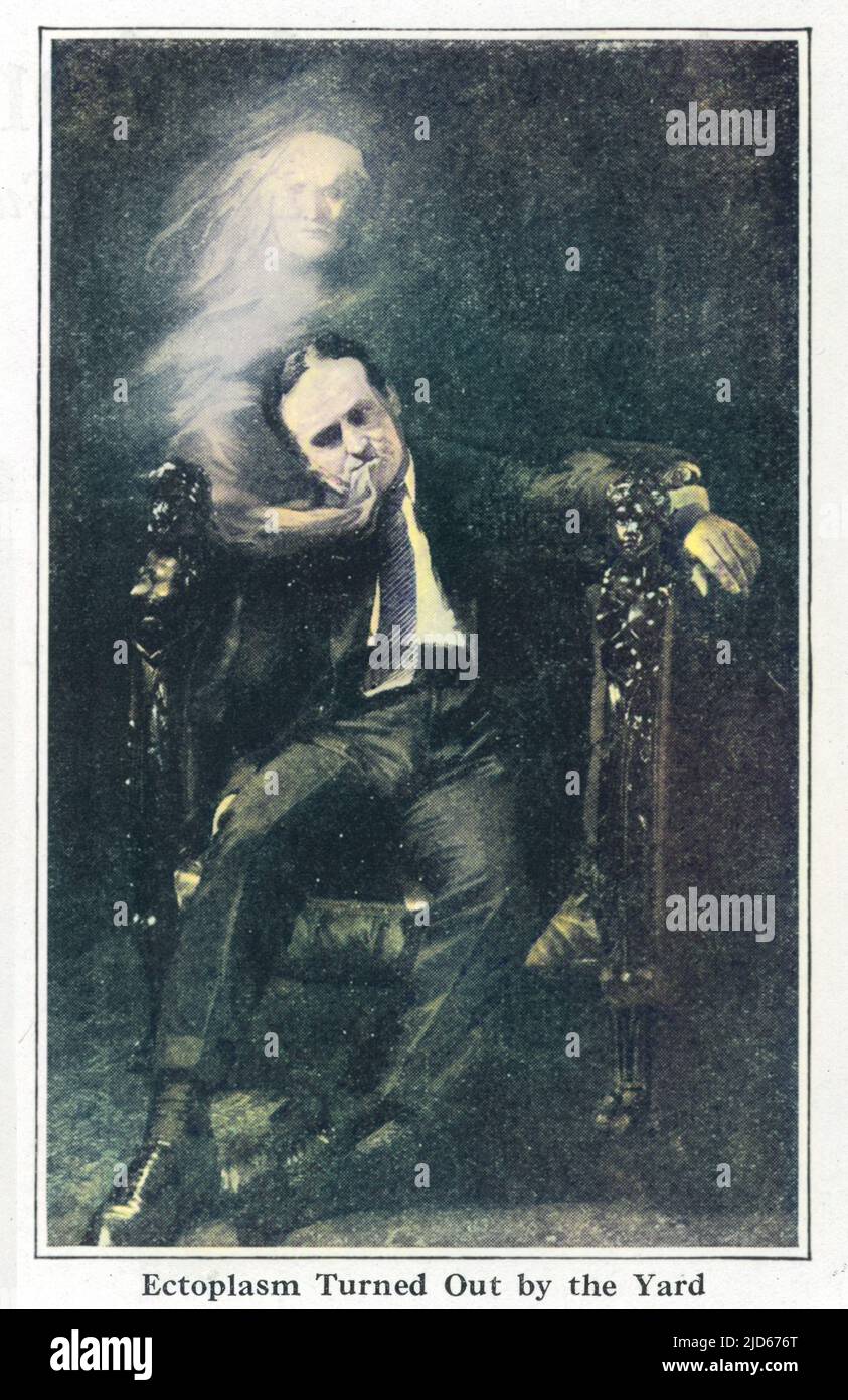 Houdini demonstrates how 'ectoplasm' may be produced from the mouth ...