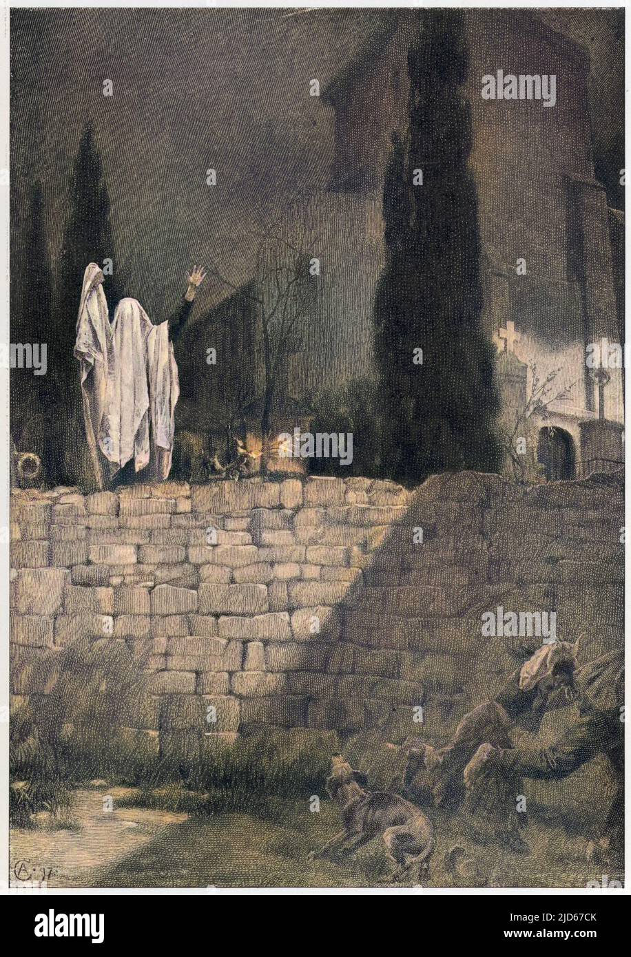 A man dresses up as an archetypal ghost and stands in a graveyard ...