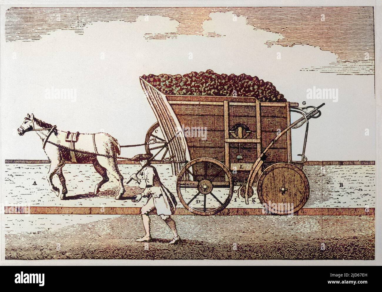 Rail: pre-steam. Horse-drawn coal wagon on rails. Colourised version of ...
