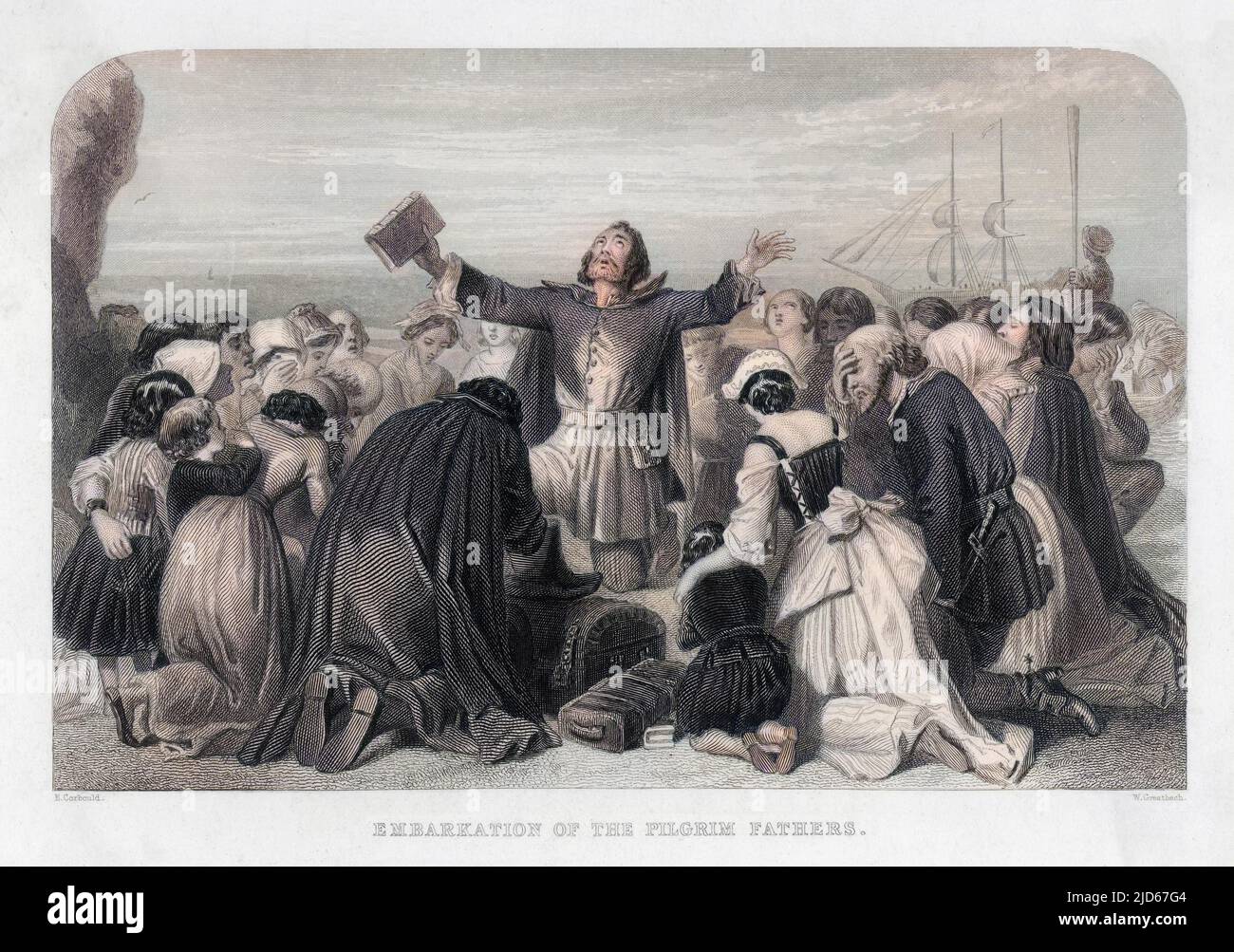 The 'pilgrims' pray before embarking on the voyage from Plymouth to ...