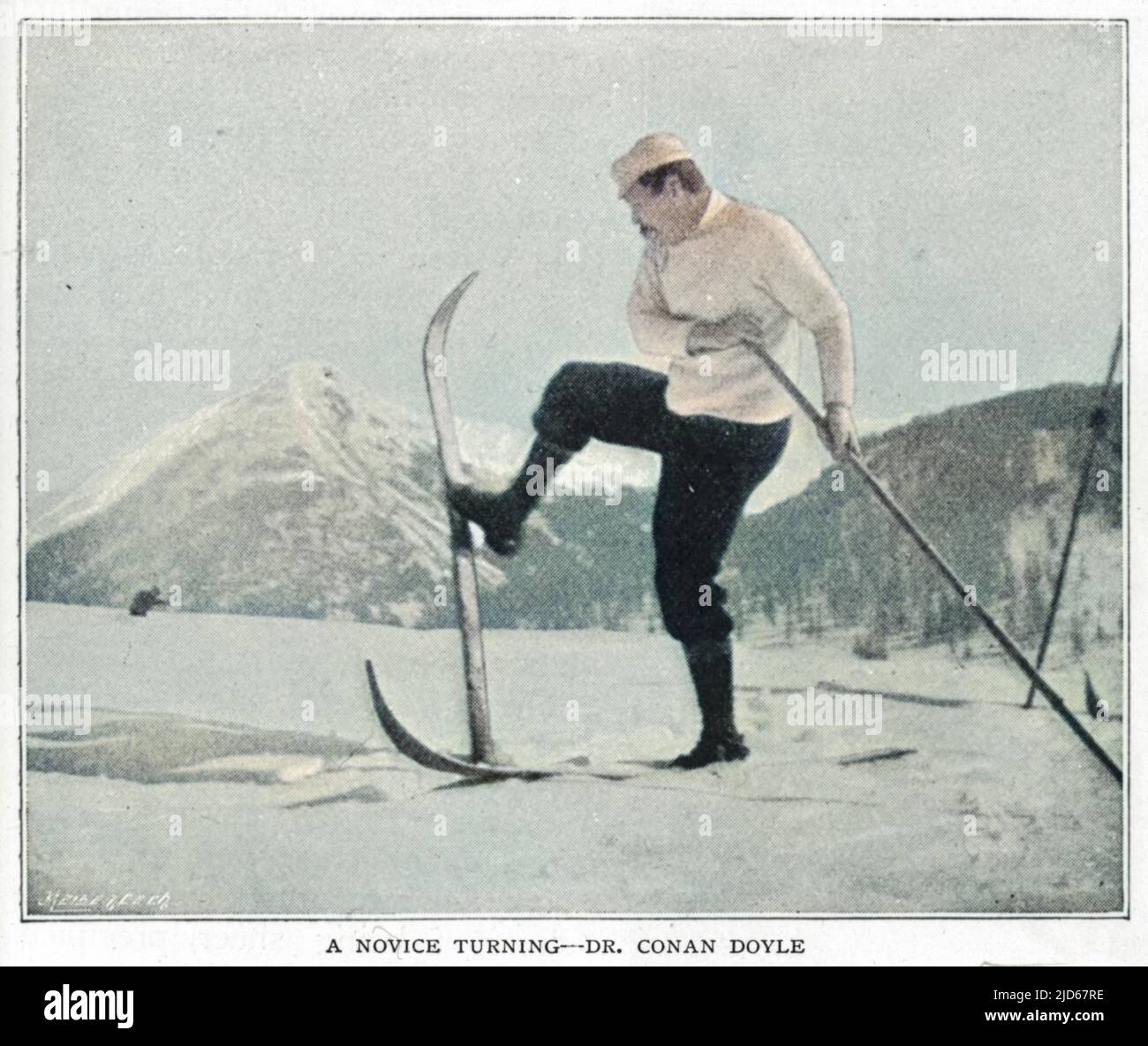 SIR ARTHUR CONAN DOYLE Demonstrating a novice turning whilst skiing in ...