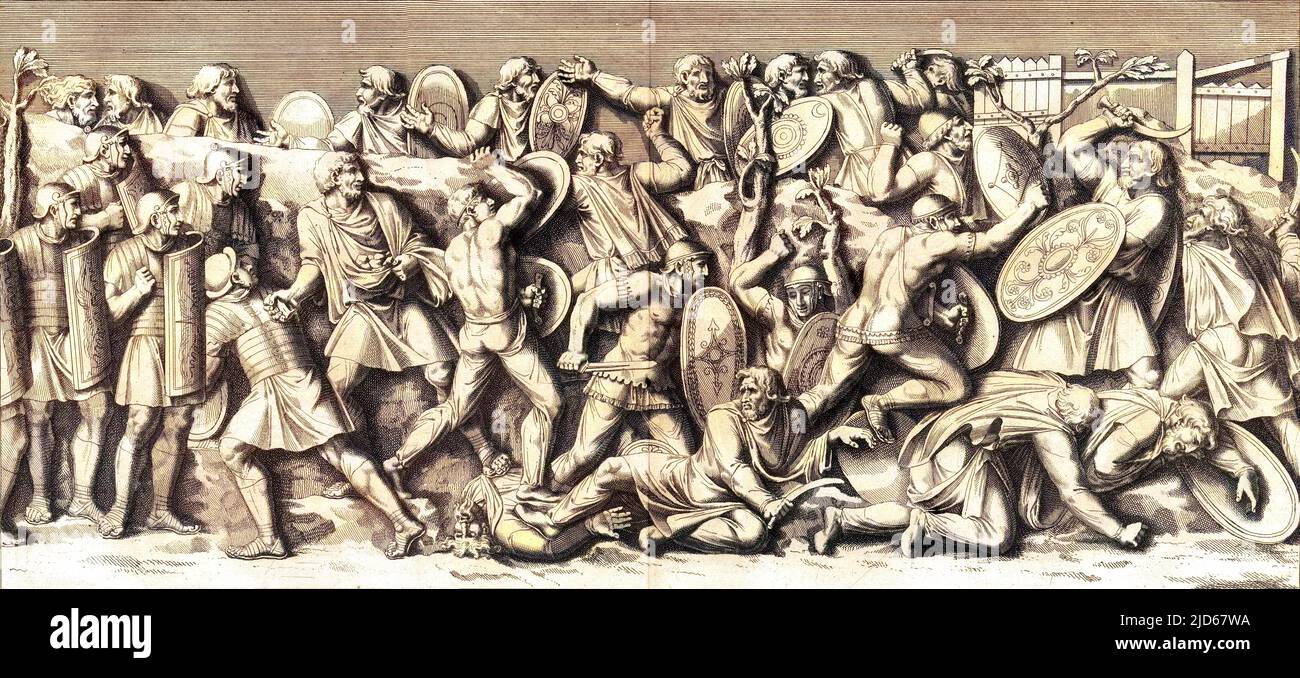 Roman troops attack a Dacian village, carrying a tree-trunk to batter ...