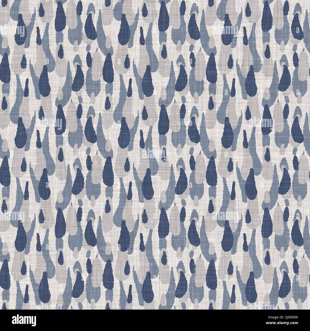 French blue doodle motif linen seamless pattern. Tonal country cottage ...