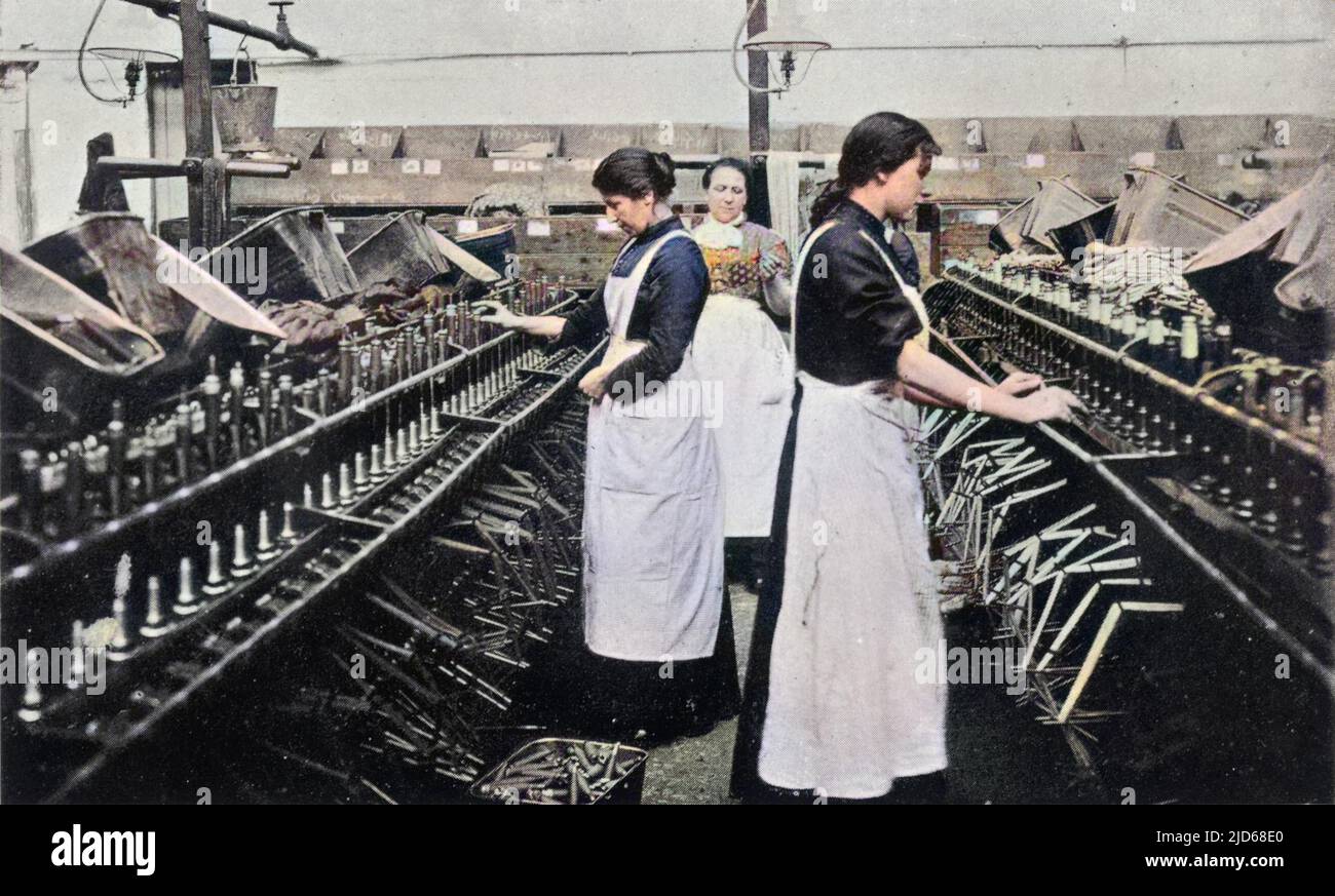 Bobbin winding in a Lancashire cotton mill. Colourised version of : 10095331 Date: circa 1900 ...