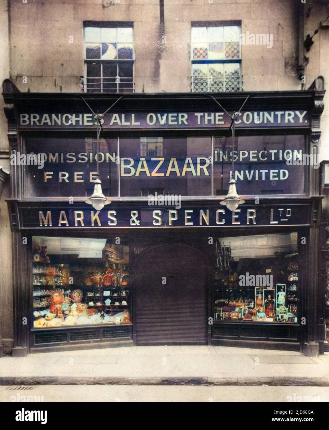 The elegant shop front of a branch of Marks & Spencer Ltd. Colourised ...
