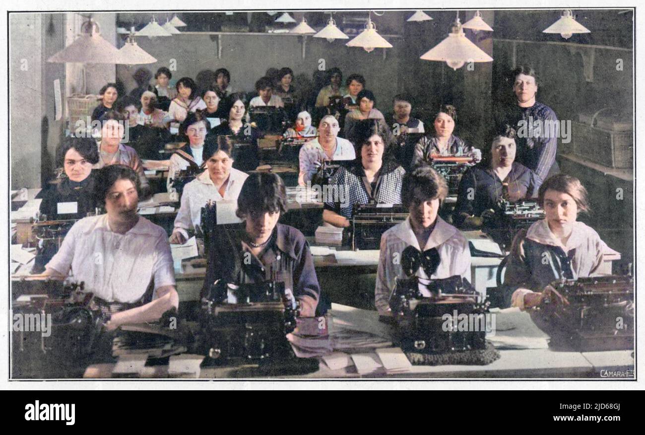 Women working in a French typing pool. Colourised version of : 10118194 ...