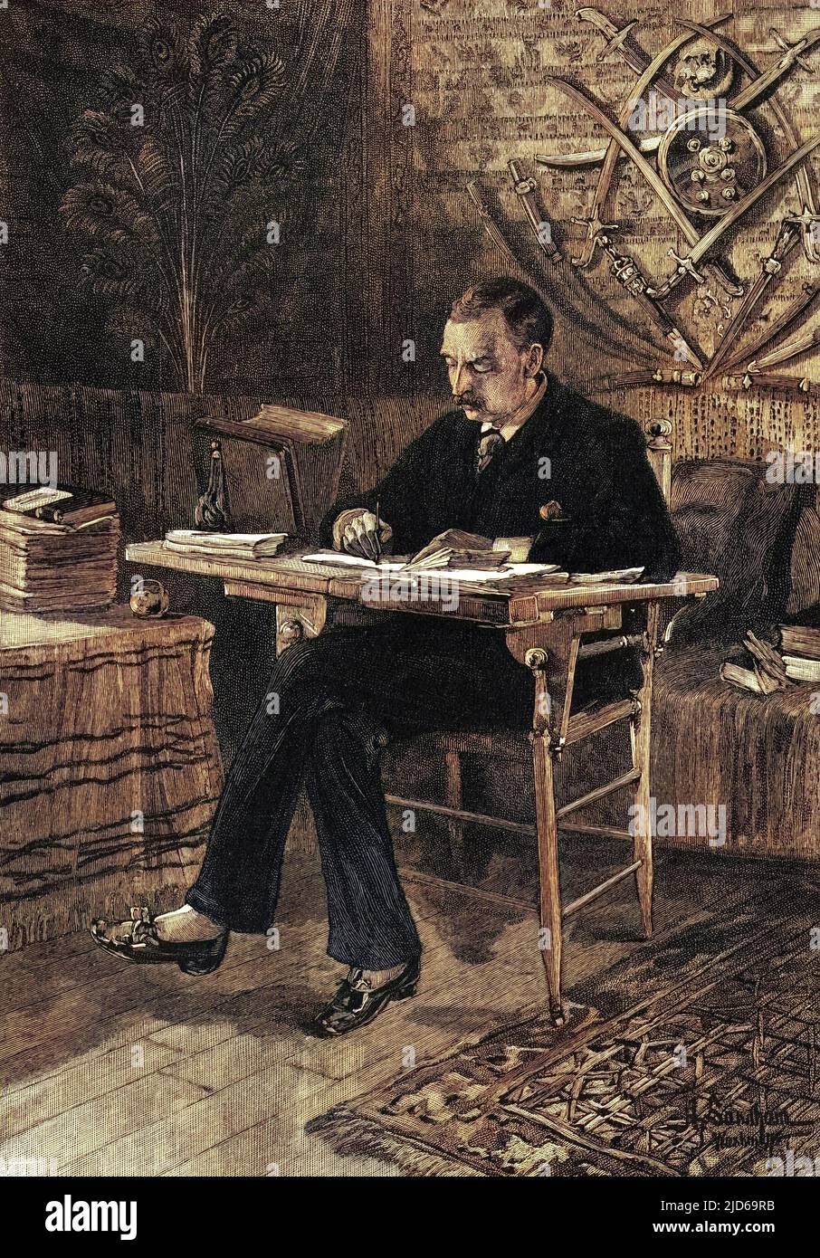 GEORGE KENNAN American journalist, at his desk. Colourised version of ...