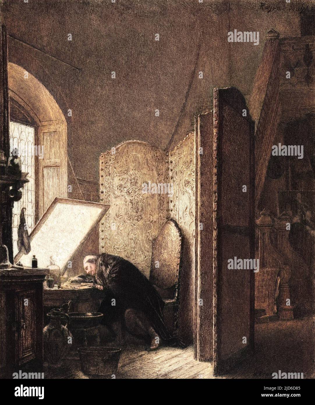 REMBRANDT VAN RHYN Dutch artist depicted in his studio. Colourised ...