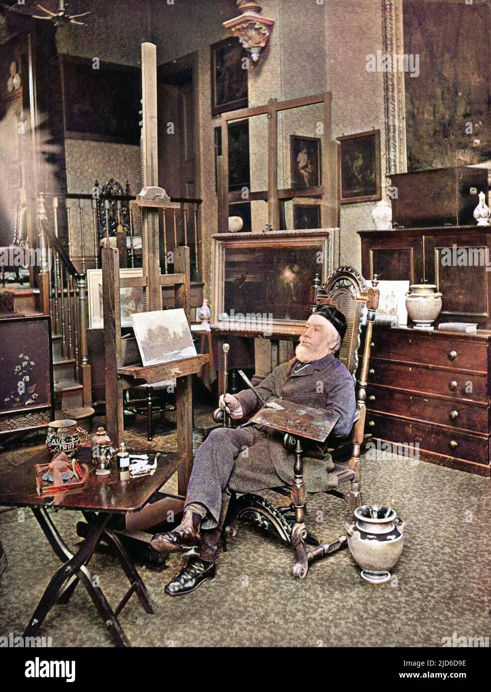 RICHARD REDGRAVE artist, at work in his studio 1884 Colourised version ...