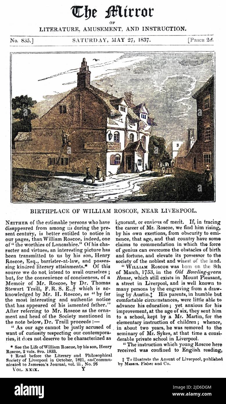 The birthplace of historian William Roscoe, near Liverpool. Colourised ...