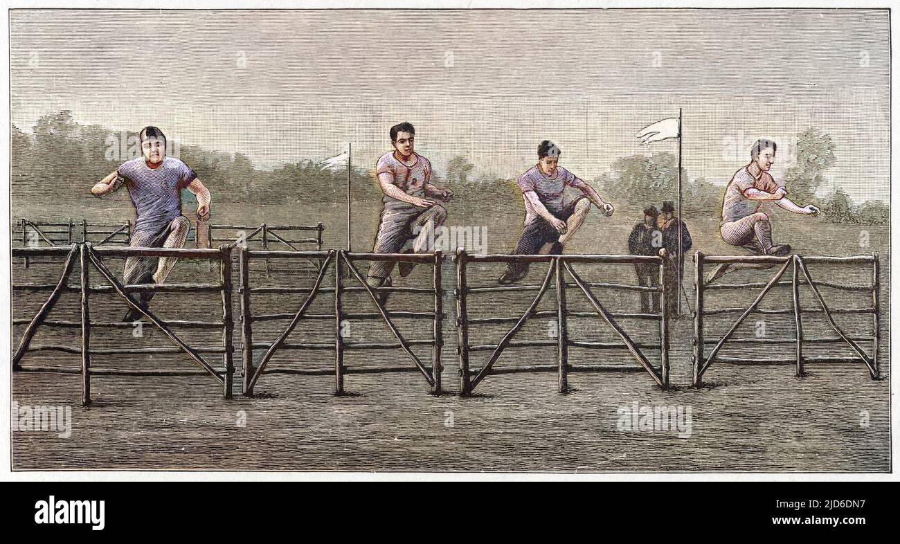 Four hurdlers clear the hurdles almost simultaneously. Colourised ...
