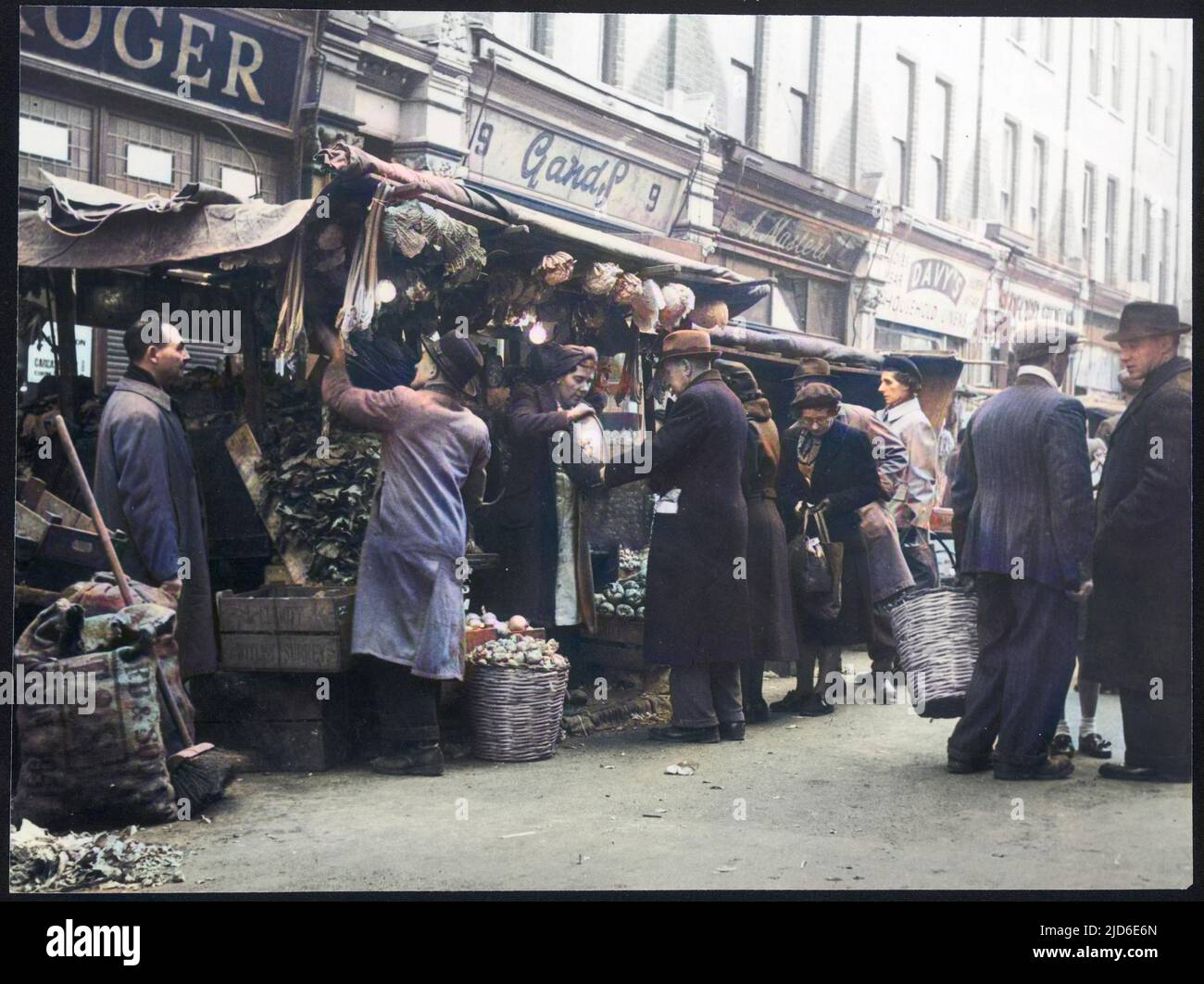 Balham market, showing vegetable stalls. Colourised version of ...