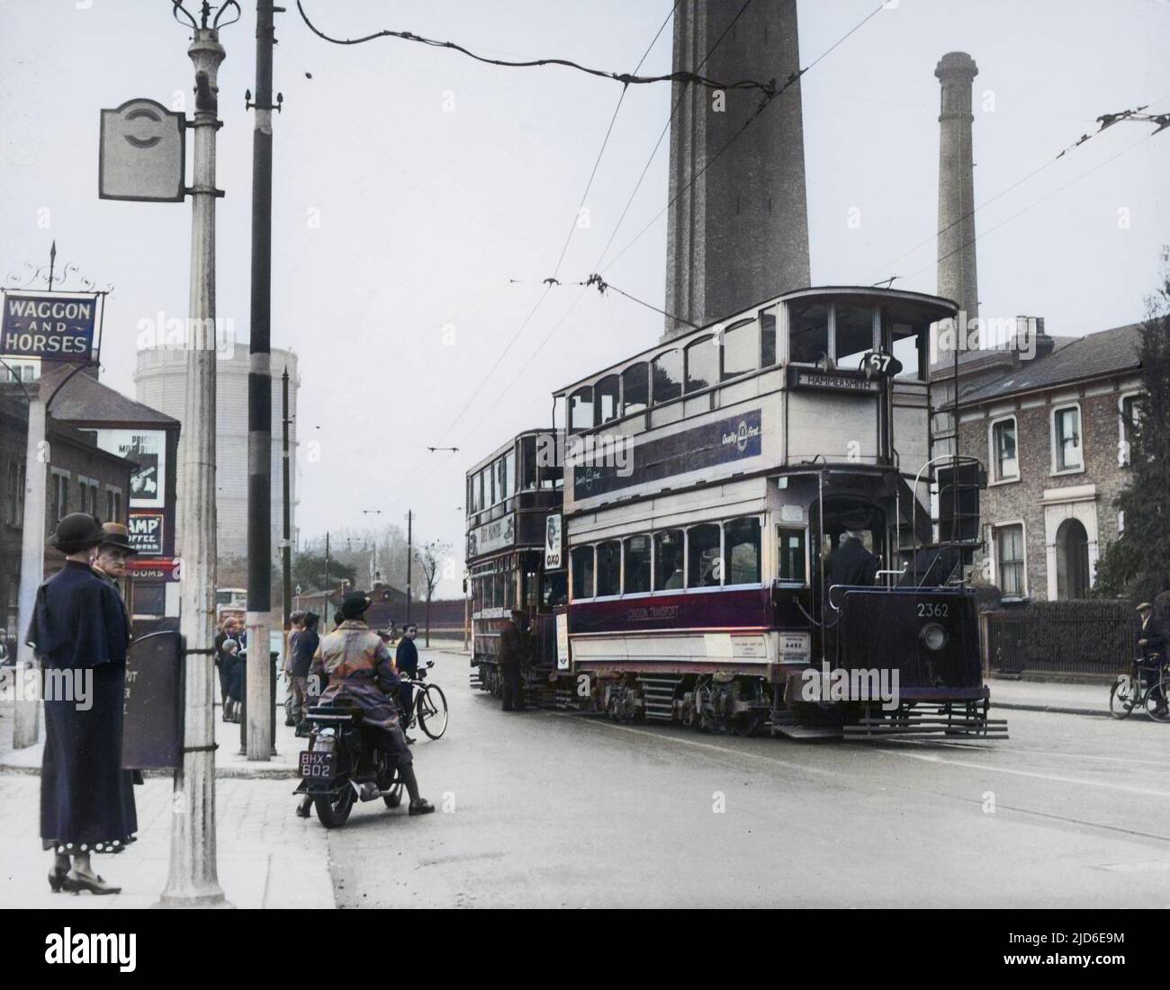 Two trams approach Kew Bridge, London Colourised version of : 10143147 ...