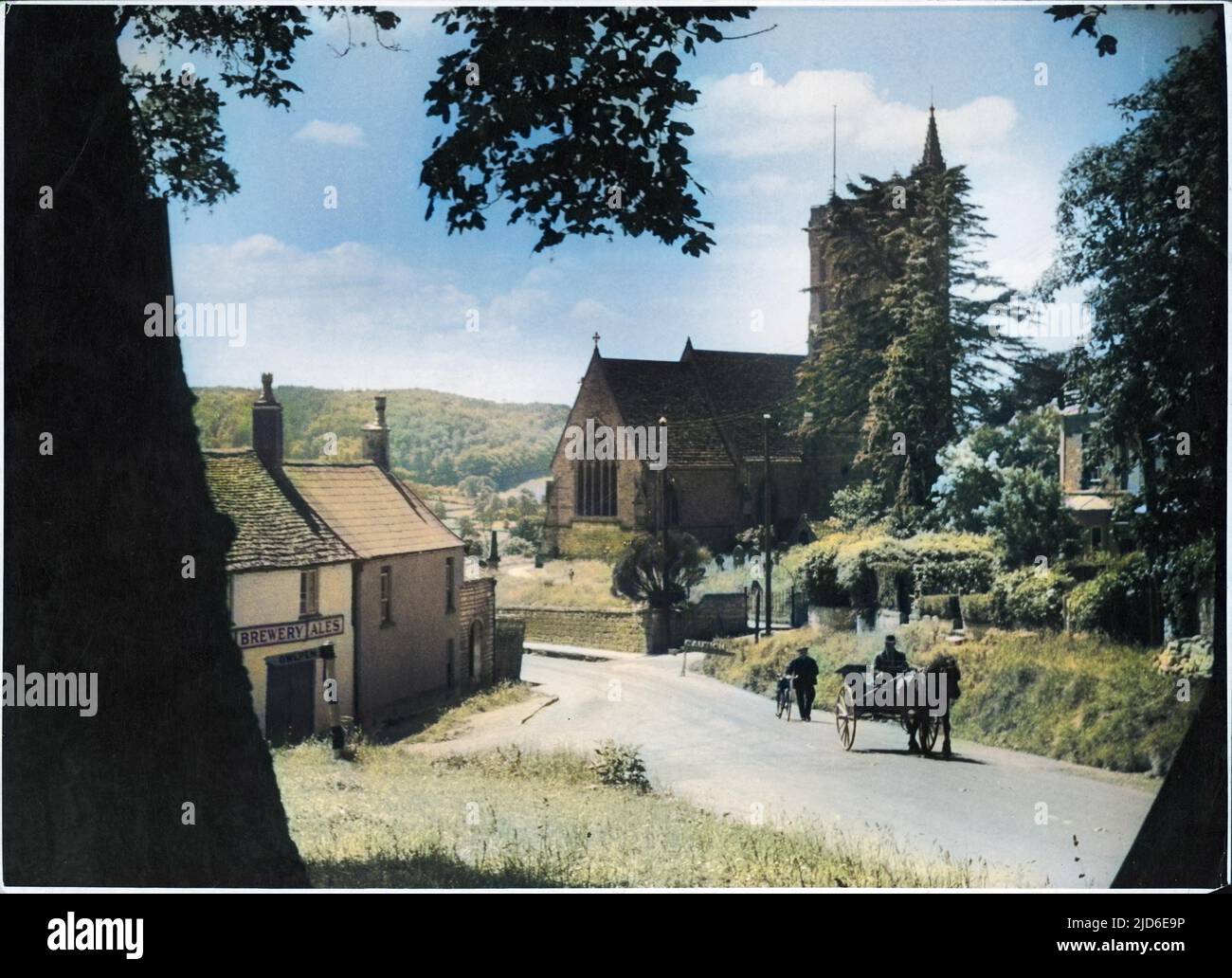 The village of Uley in Gloucestershire. Colourised version of ...