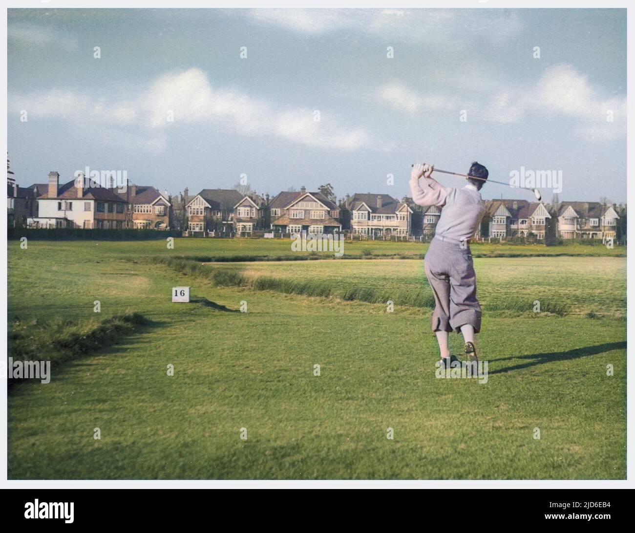 Driving from the 16th hole on Wanstead Golf Course, Essex. Colourised ...