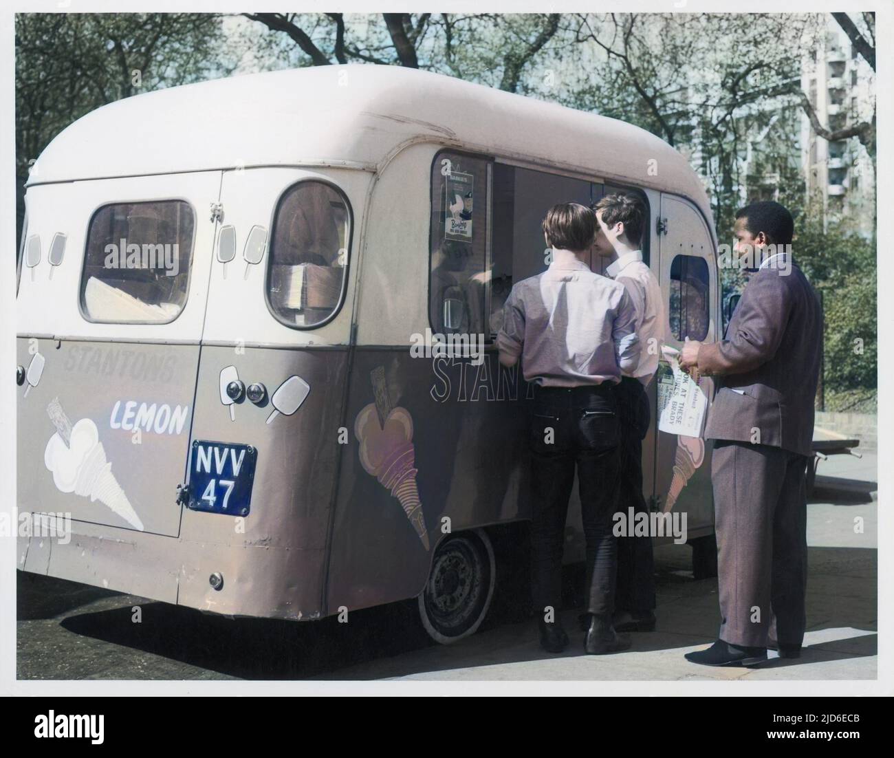 ICE CREAM VAN A queue forming at Stanton's ice cream van. Colourised ...