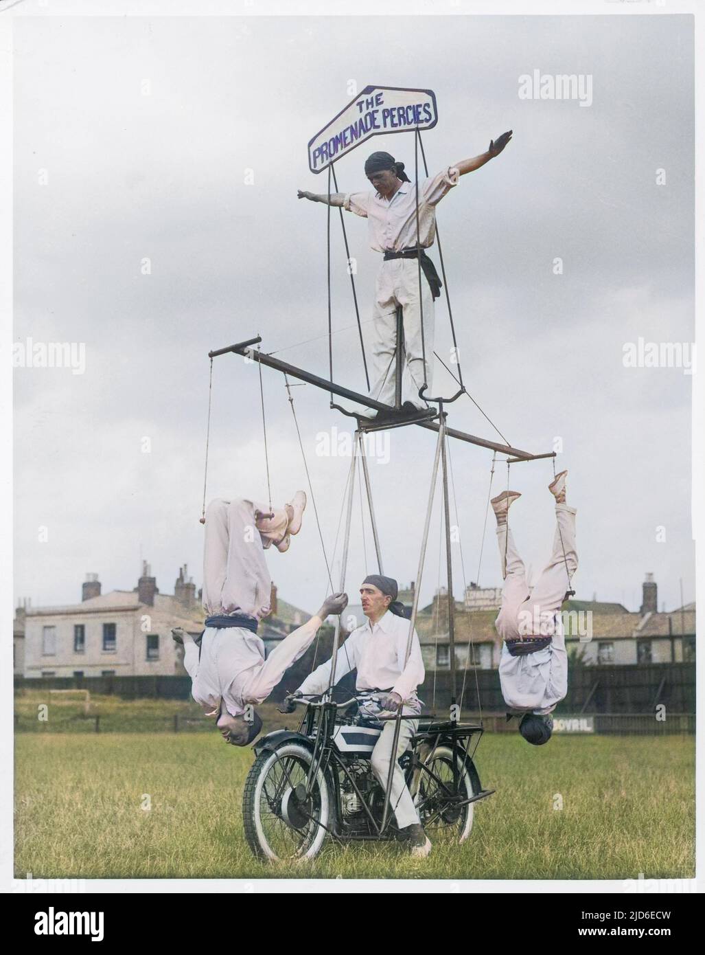 A motorcycle acrobat troupe called 'The Promenade Percies' practise ...