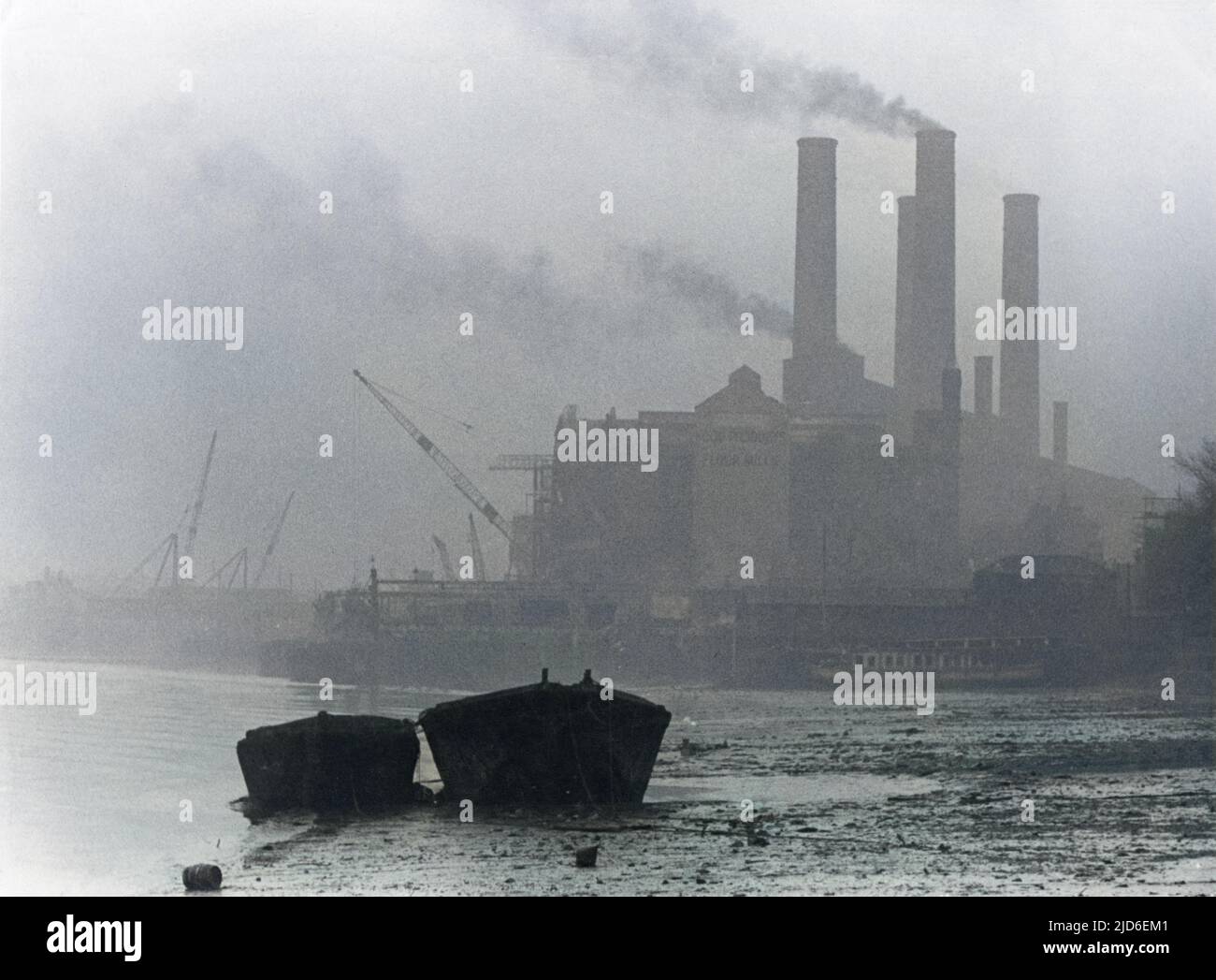 The chimneys of Battersea Power Station, view across the River Thames ...