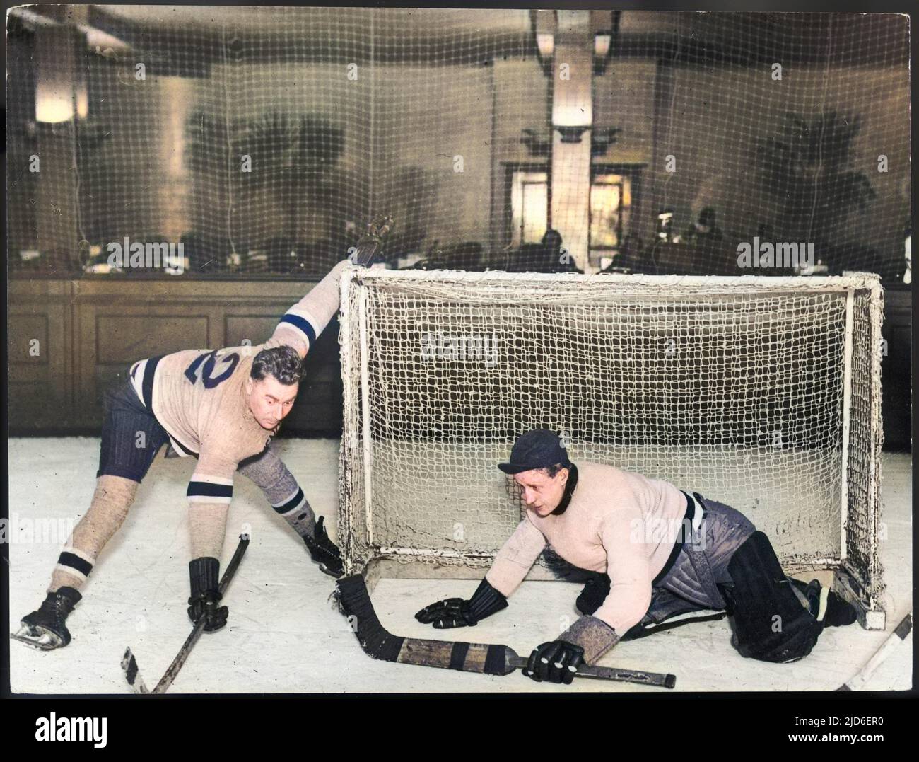 There's a goal mouth scramble during this game of ice hockey Colourised ...