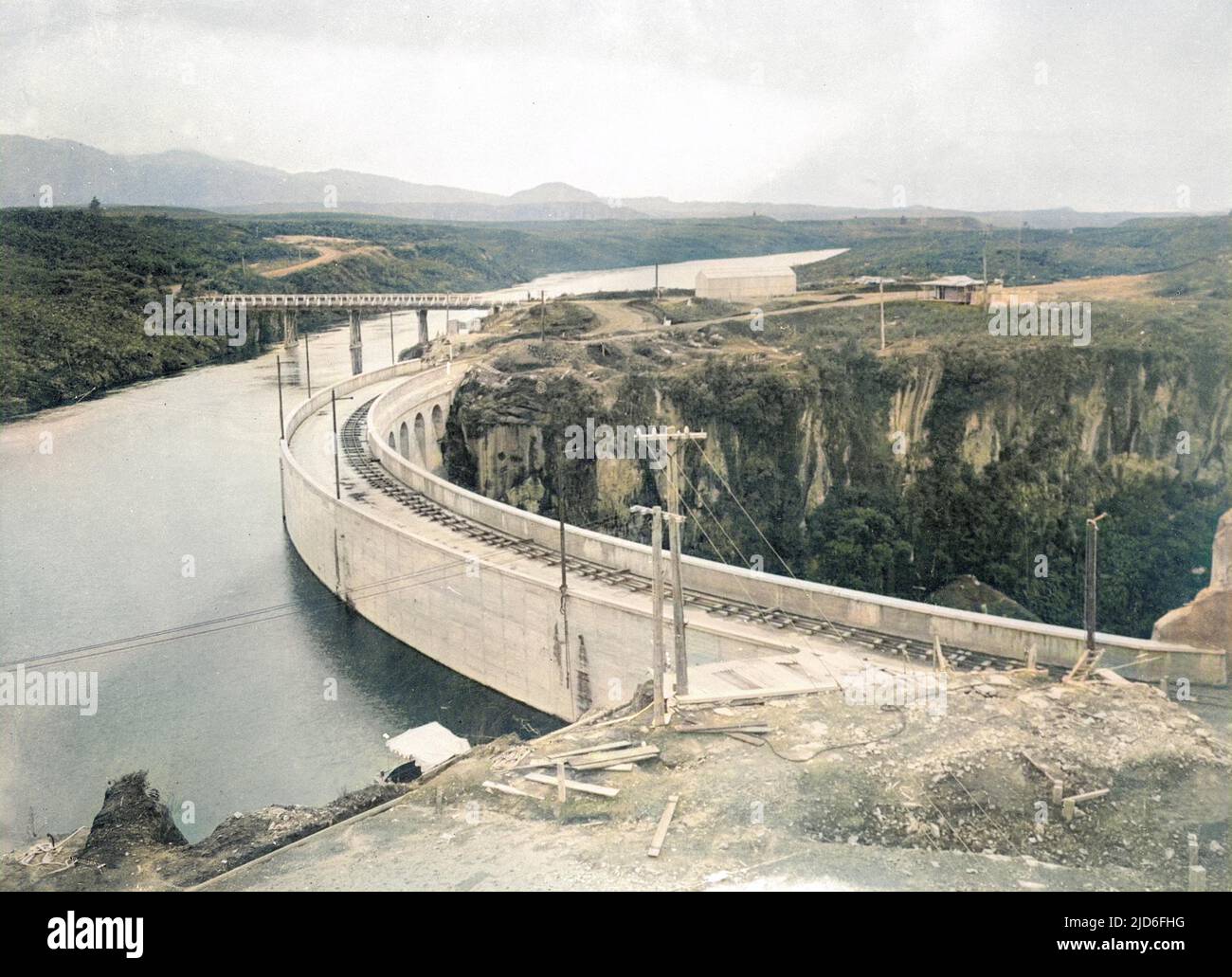 The construction of a modern circular bridge in Germany. Colourised ...