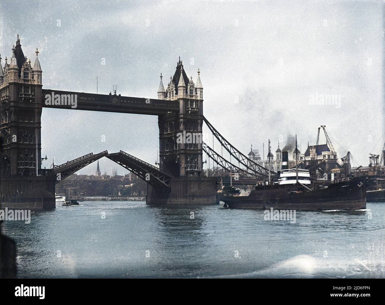 A close-up photograph of Tower Bridge, a bascule bridge and a famous ...