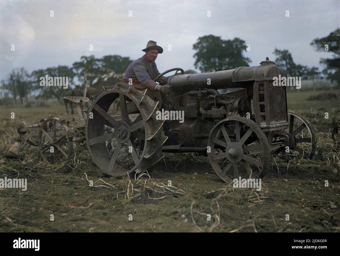 A farmer harvesting potatoes on his tractor. Colourised version of ...
