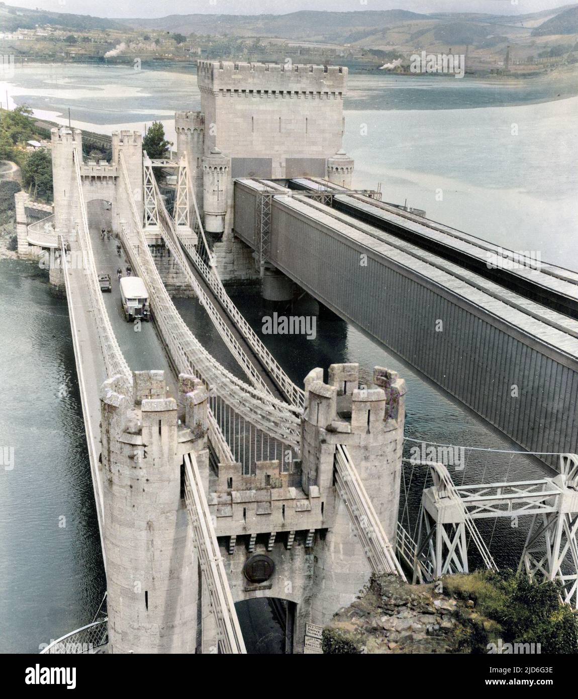 Conway (Conwy) Castle suspension bridge, Gwynedd, North Wales, was ...